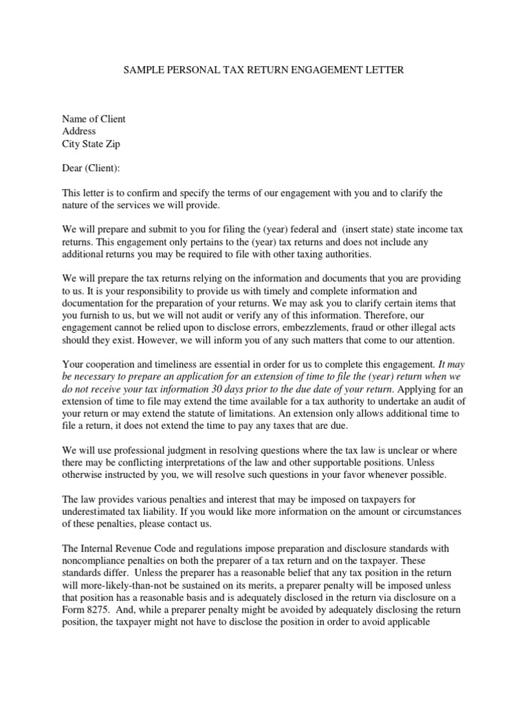Personal Tax Return Engagement Letter | PDF | Tax Return (United States ...