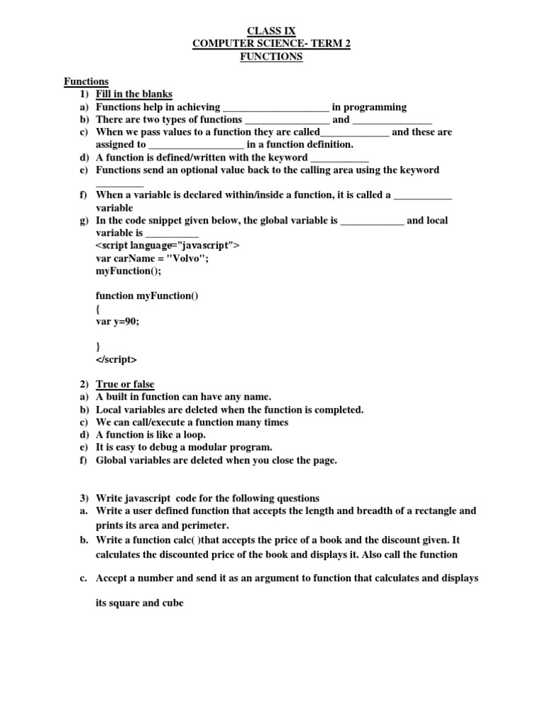 Class 9 Worksheet-Functions | PDF | Subroutine | Parameter (Computer ... Class 9 Worksheet-Functions | PDF | Subroutine | Parameter (Computer ...