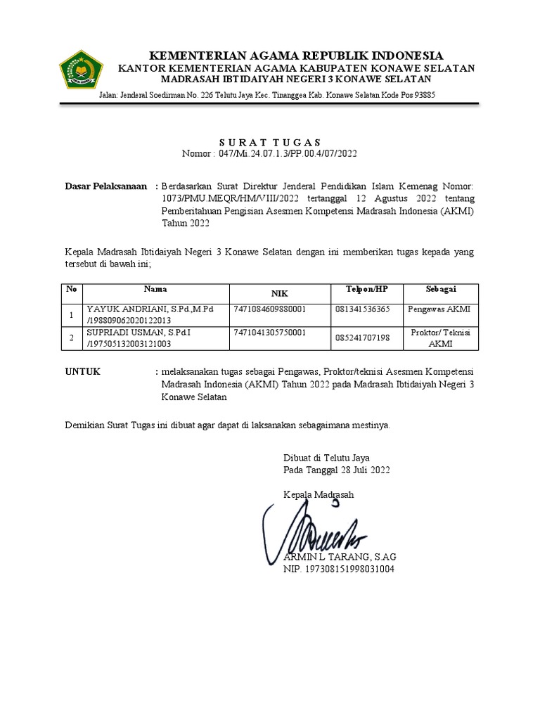 Surat Tugas Pengawas Dan Proktor Akmi 2022 | PDF