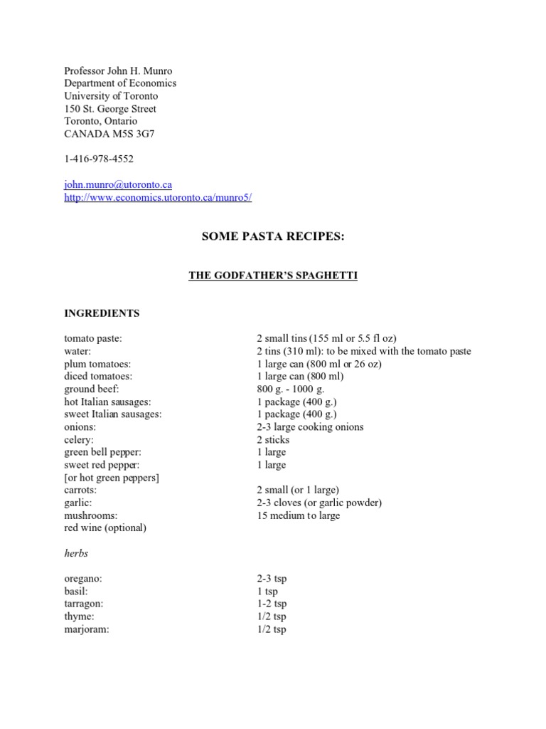 John - Munro@utoronto - Ca: Some Pasta Recipes | PDF | Tomato Sauce ...