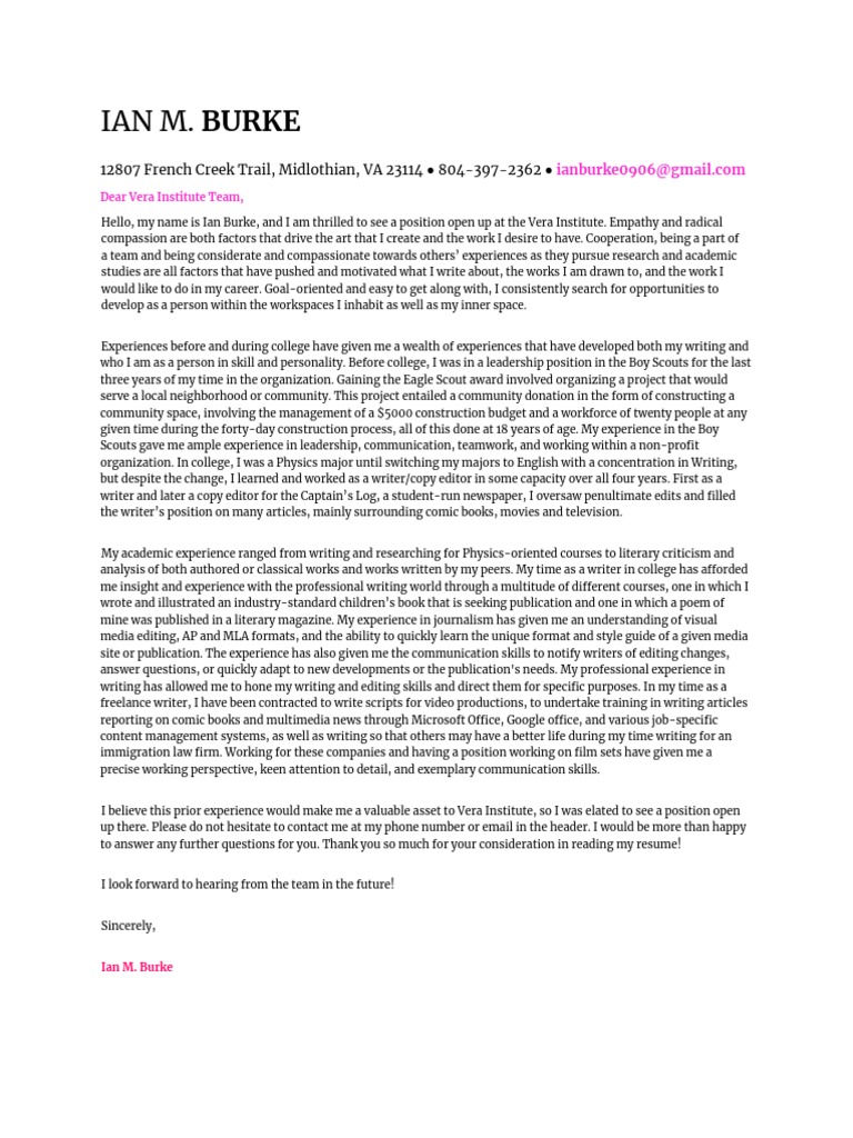 Vera Institute Cover Letter | PDF | Editing | Writers