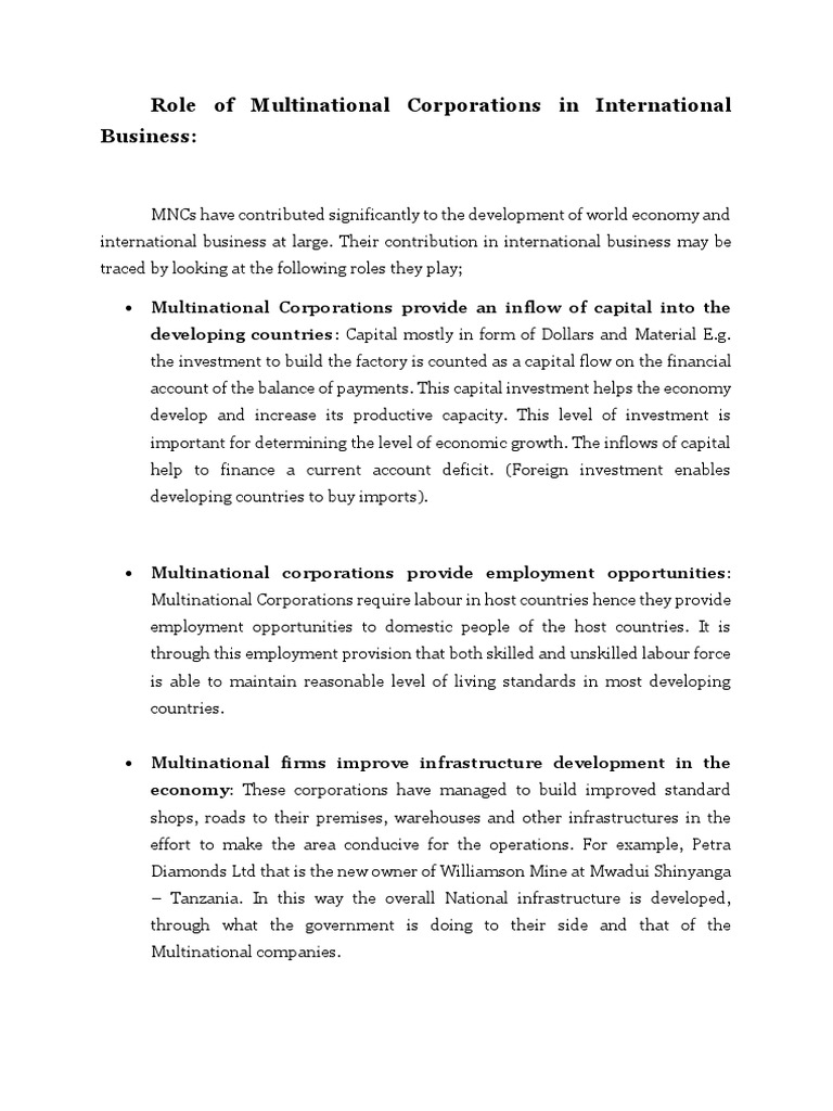 Role and Importance of Multinational Corporations in International ...