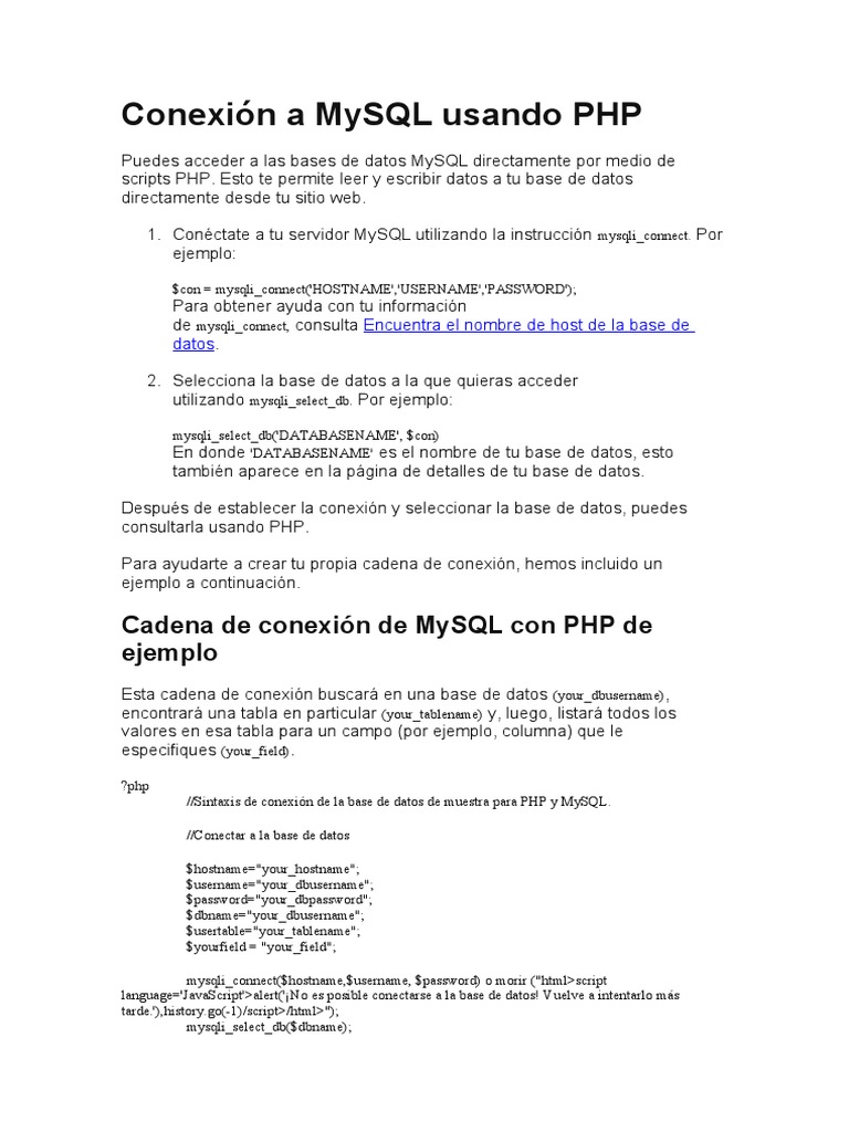 Conexión a MySQL usando PHP | PDF | Php | Bases de datos Conexión a MySQL usando PHP | PDF | Php | Bases de datos