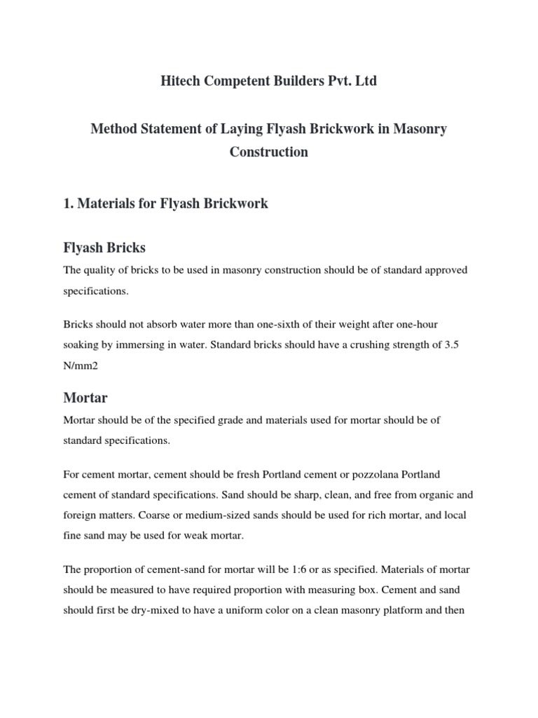 Method Statment - Flyash Brickwork | PDF | Mortar (Masonry) | Brick