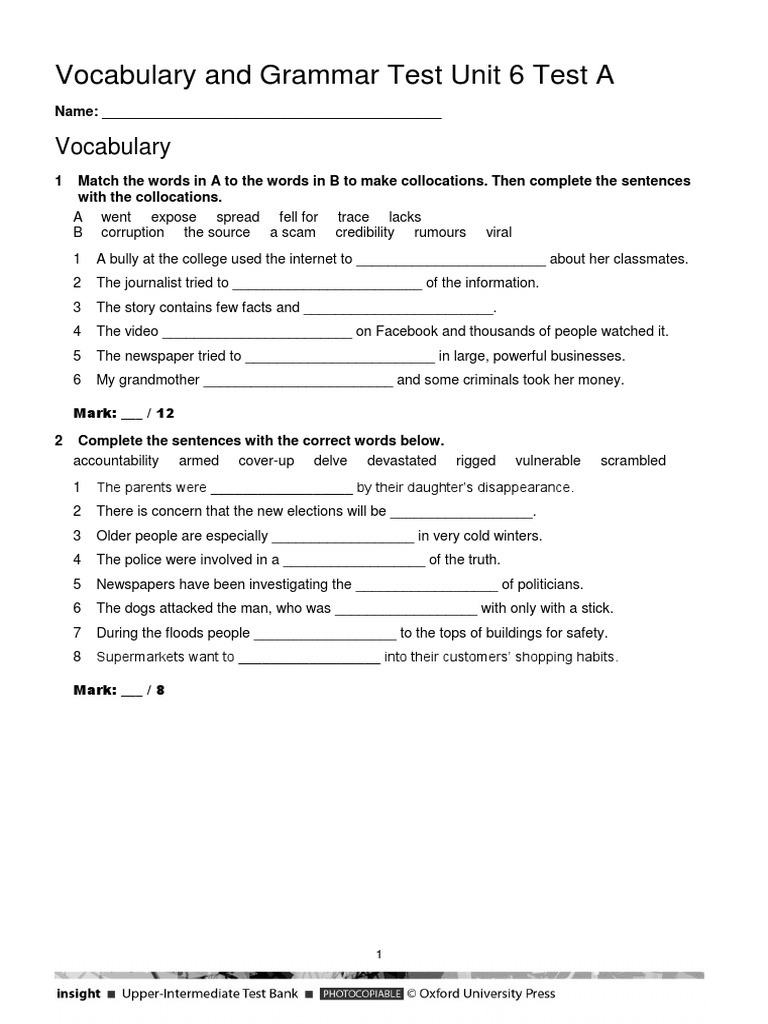 Vocabulary & Grammar Test Unit 6 Test A | PDF