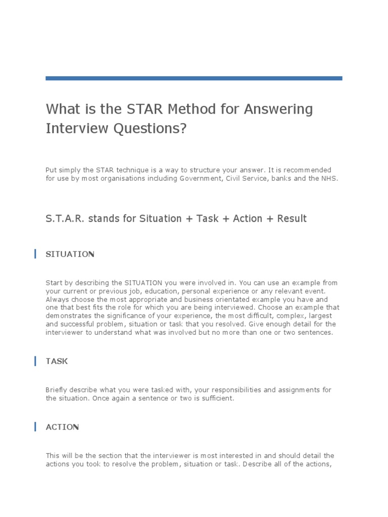 What Is The STAR Method For Answering Interview Questions | PDF ...