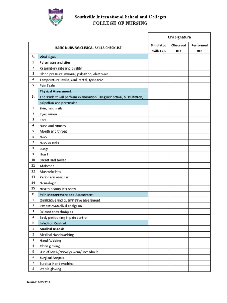Basic Nursing Clinical Skills Checklist | PDF | Intravenous Therapy ...