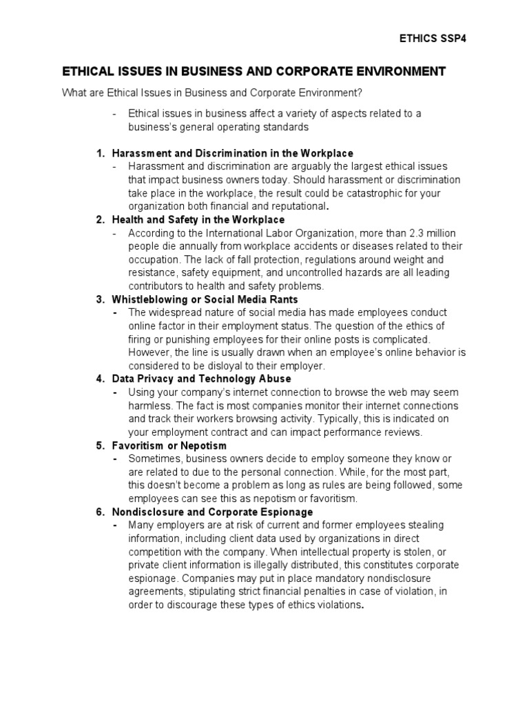 (Ethics) ETHICAL ISSUES IN BUSINESS AND CORPORATE ENVIRONMENT | PDF ...