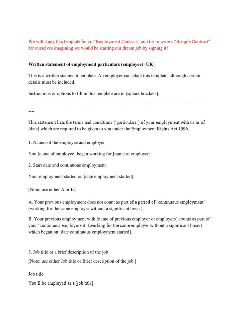 Template For Written Terms of Employment Employee - 1 | PDF ...