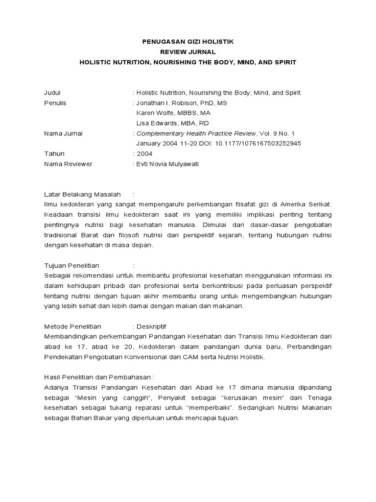 Review Jurnal Nutrition Holistic | PDF | Kesehatan Holistik