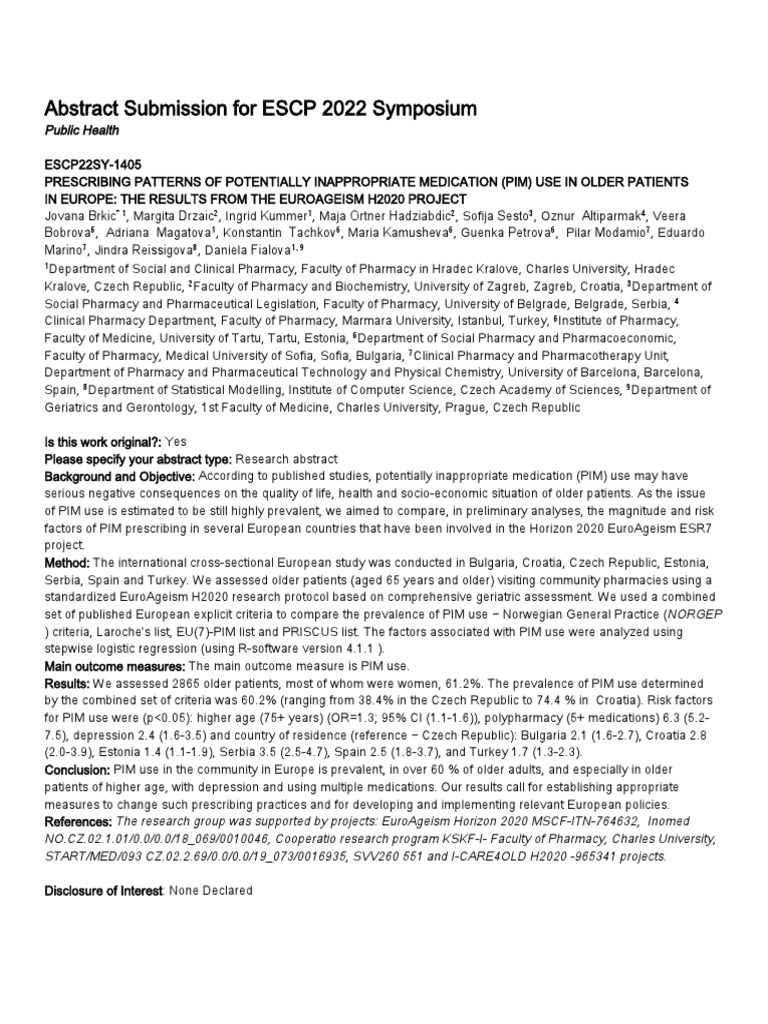 Abstract Submission For ESCP 2022 Symposium | PDF | Pharmacy | European Union