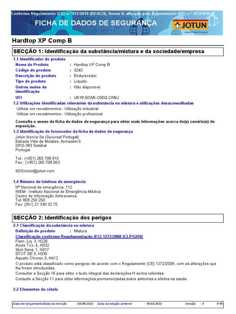 SDS 3240 Hardtop XP Comp B PoP PT | PDF | Solvente | Águas residuais