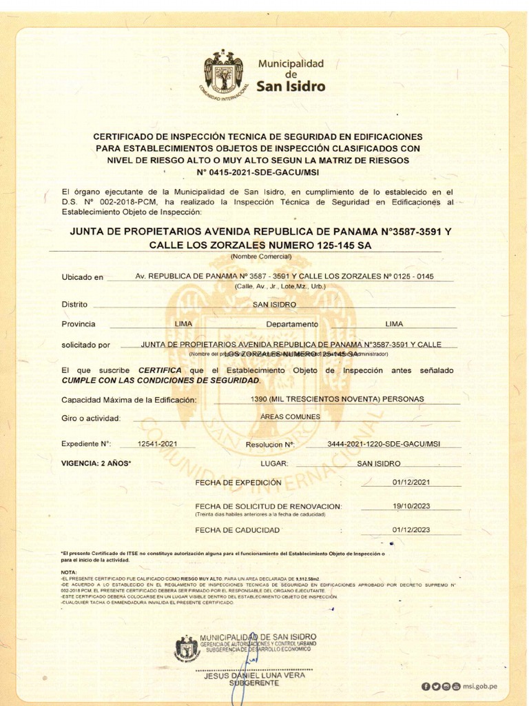 Certificado Itse 2021 - 2023 - ALTAVISTA | PDF