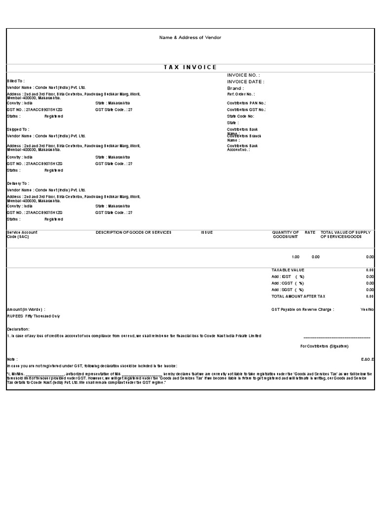 GST - Invoice Format For Unregistered Vendor-New Address | PDF | Value Added Tax | Public Law