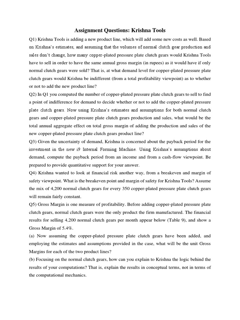 Assignment Questions Krishna Tools Case Study | PDF | Gross Margin | Economics
