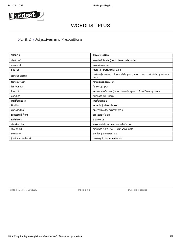 Wordlist Plus: Unit 2 Adjectives and Prepositions | PDF