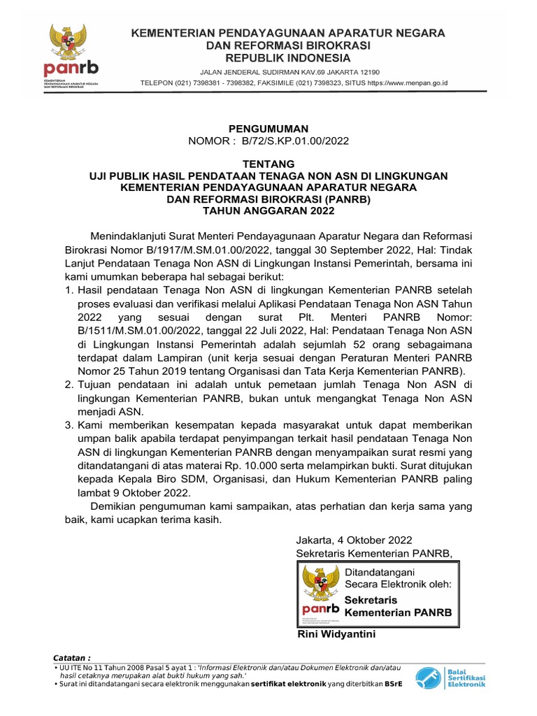 Pengumuman Uji Publik Hasil Pendataan Tenaga Non ASN Kementerian PANRB 2022 - Sign | PDF | Ilmu ...
