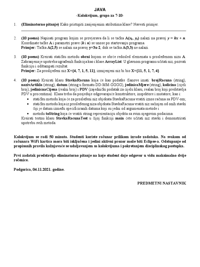 JAVA Primjer Kolokvijuma | PDF