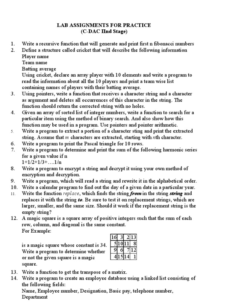 LAB ASSIGNMENTS FOR PRACTICE (C-DAC IInd Stage | PDF | String (Computer Science) | Function ...