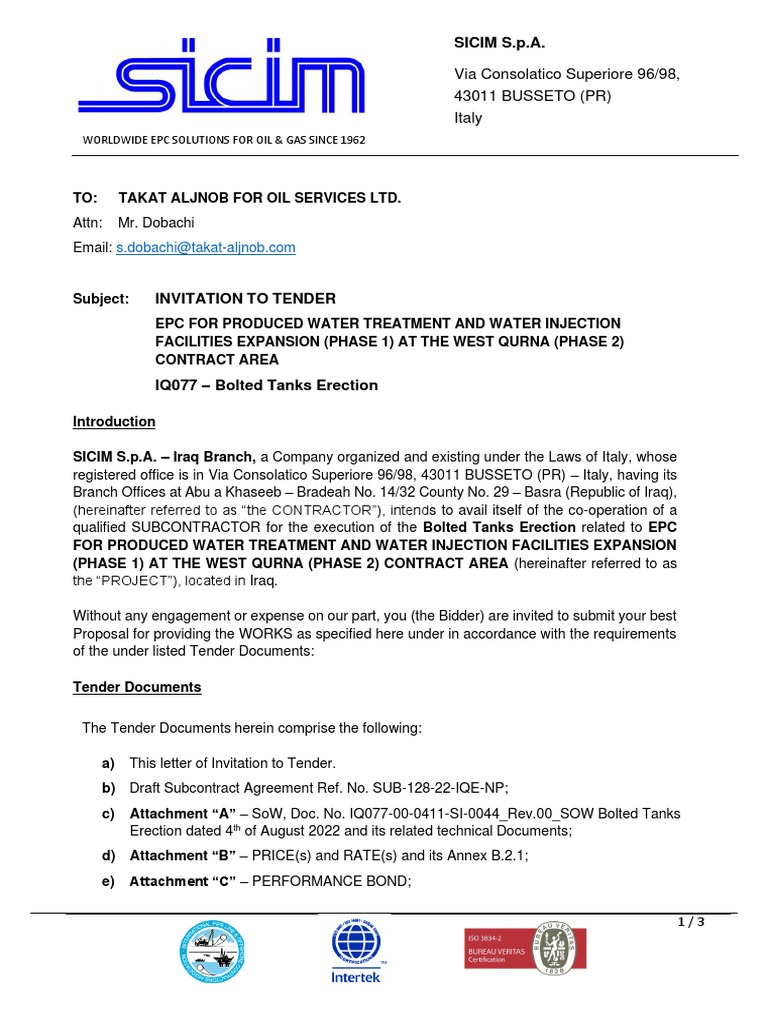 IQ077 ITT - Bolted Tanks Erection - Letter of Invitation | PDF | Business