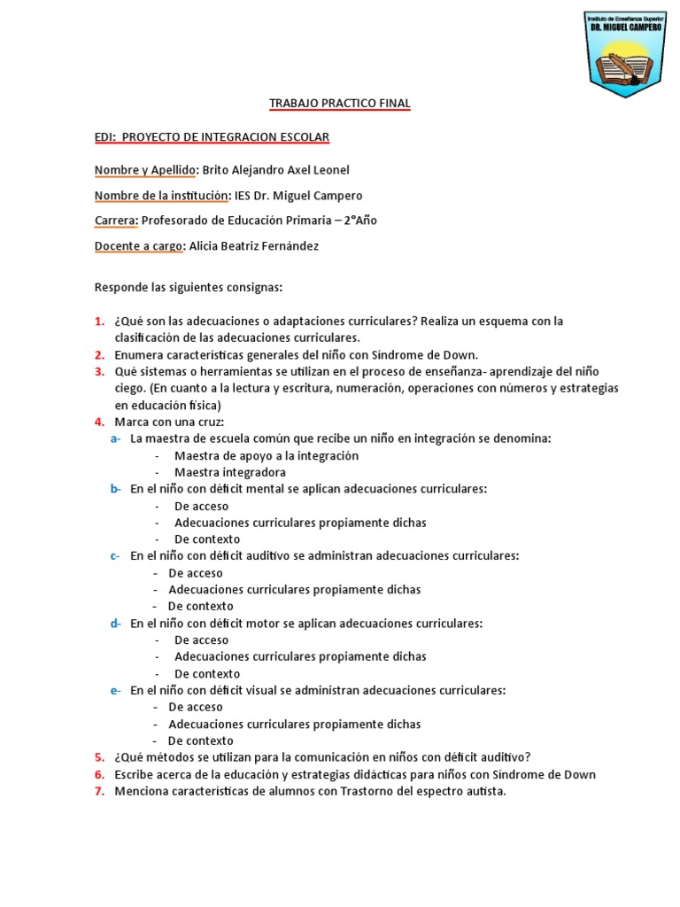 TRAB PRACTICO FINAL - Axel Brito | PDF | Plan de estudios | Método de enseñanza