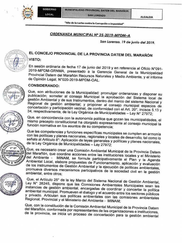 Ordenanza Municipal Ndeg 025 - 2019 - MPDM - A Creacion Del Cam | PDF