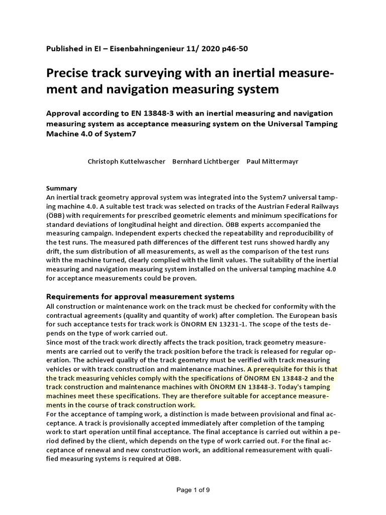 Precise Track Surveying With An Inertial Measure - Ment and Navigation ...