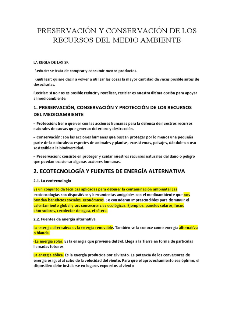 Preservación y Conservación de Los Recursos Del Medio Ambiente | PDF ...