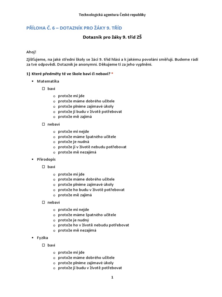 Priloha C 6 Dotaznik Pro Zaky 9 Trid | PDF
