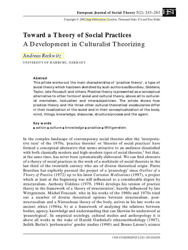 Toward A Theory of Social Practices: A Development in Culturalist Theorizing | PDF | Mind ...