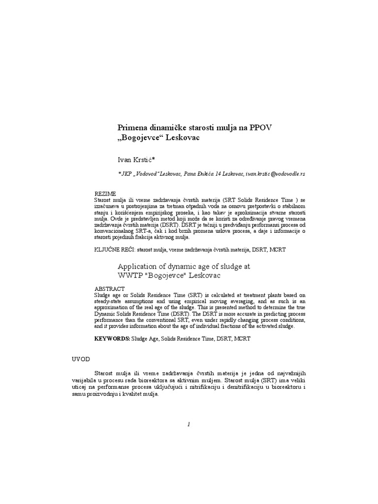 Primena Dinamičke Starosti Mulja Na PPOV Bogojevce" Leskovac | PDF