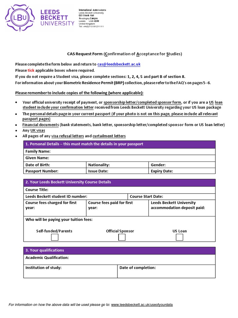 Leeds Beckett CAS Request Form | PDF | Travel Visa | Fee