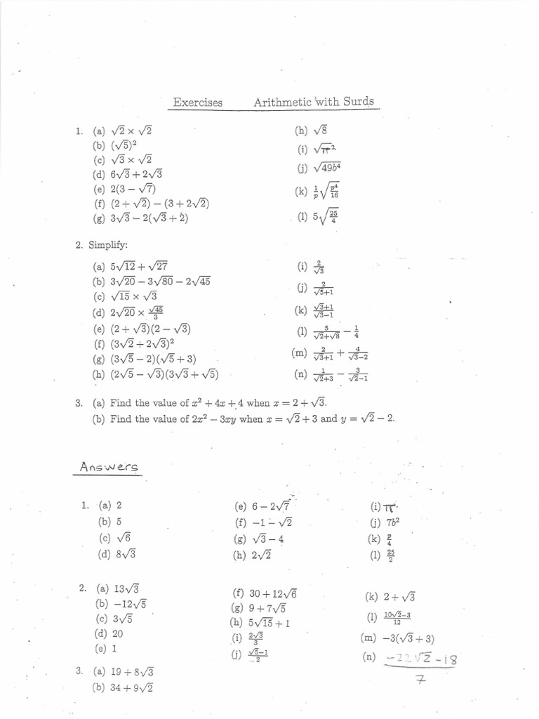 Surds Extra Exercices | PDF | Algebra | Schools