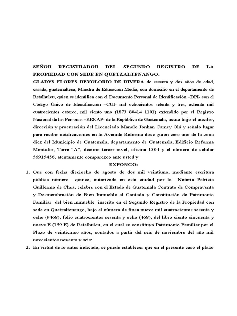 Memorial de Prescripción de Patrimonio Familiar de Bien Inmueble Registro de La Propiedad Seño ...