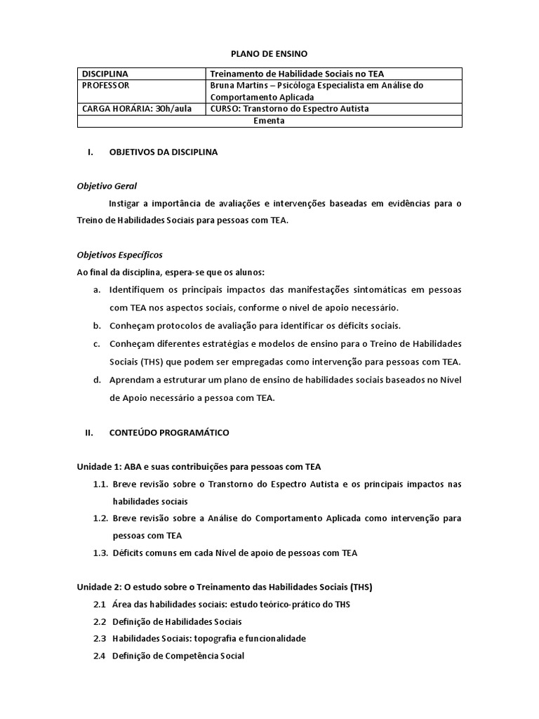PLANO DE ENSINO - TEA e Treinamento de Habilidades Sociais | PDF ...