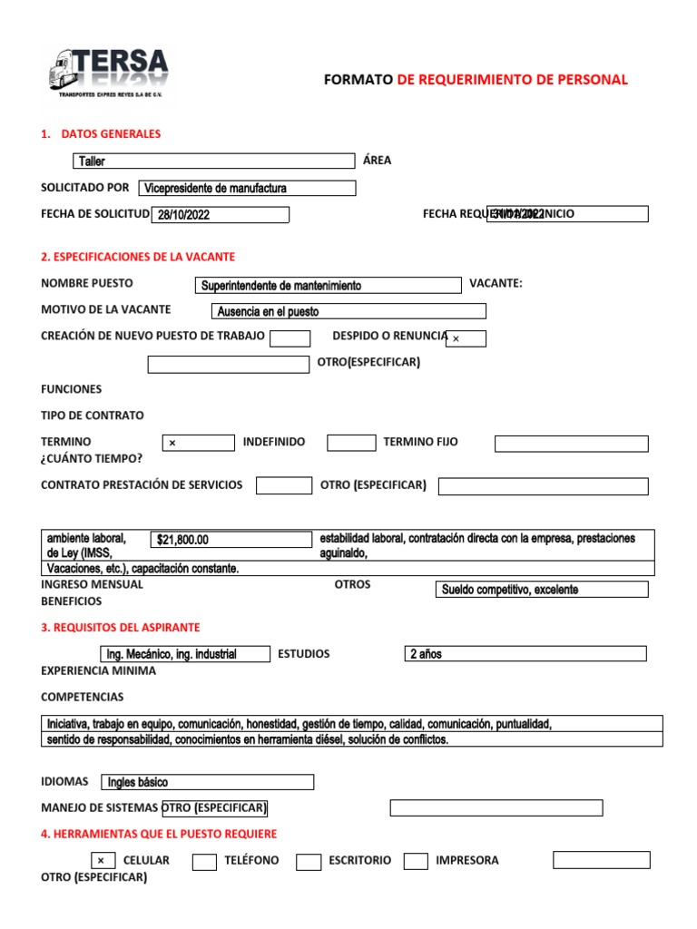 Formato de Requerimiento de Personal | PDF