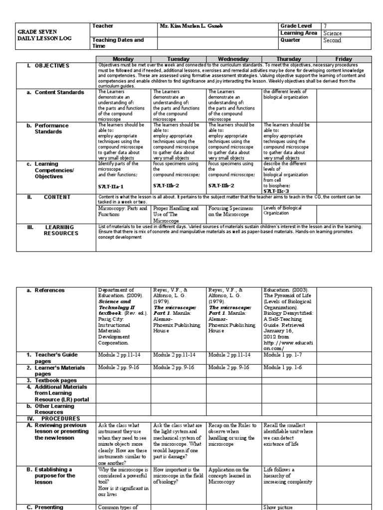 DLL Science 7 Week 1 q2 | PDF | Learning | Teaching Method