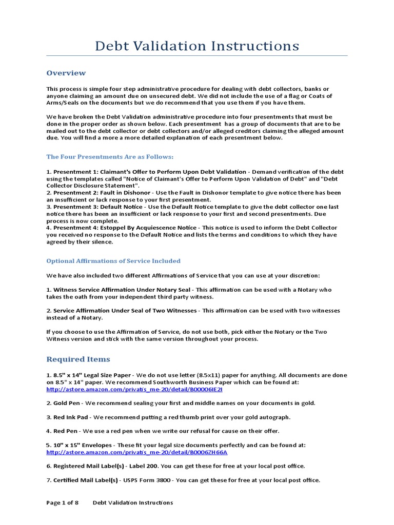 Debt Validation Instructions1 | PDF | Notary Public | Registered Mail