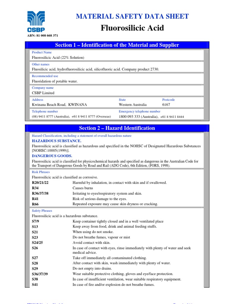 MSDS Fluorosilicic Acid | Soil | Dangerous Goods