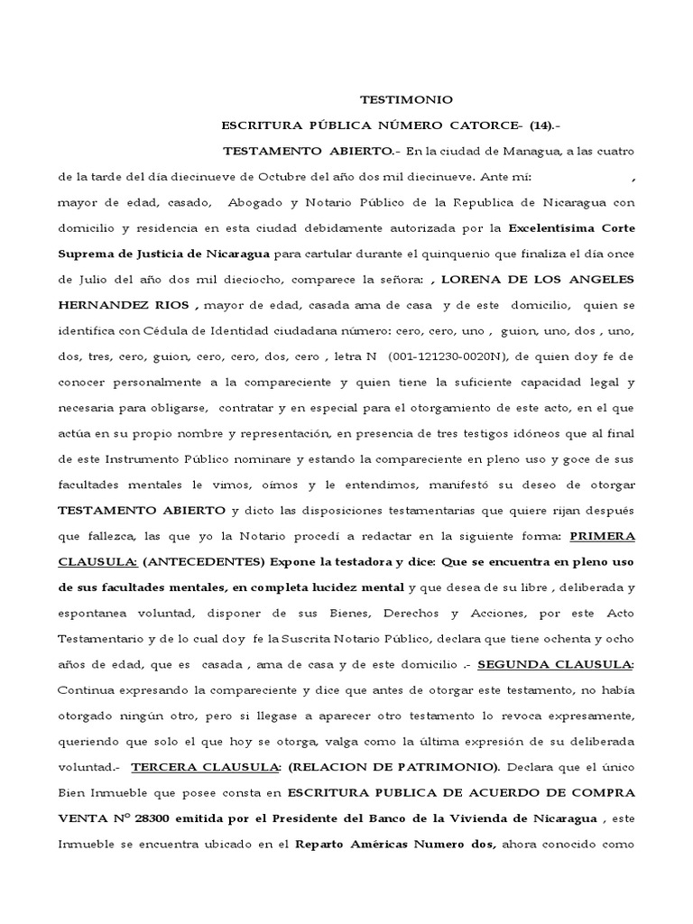 Testamento Abierto Ejemplo | PDF | Voluntad y testamento | Documentos ...