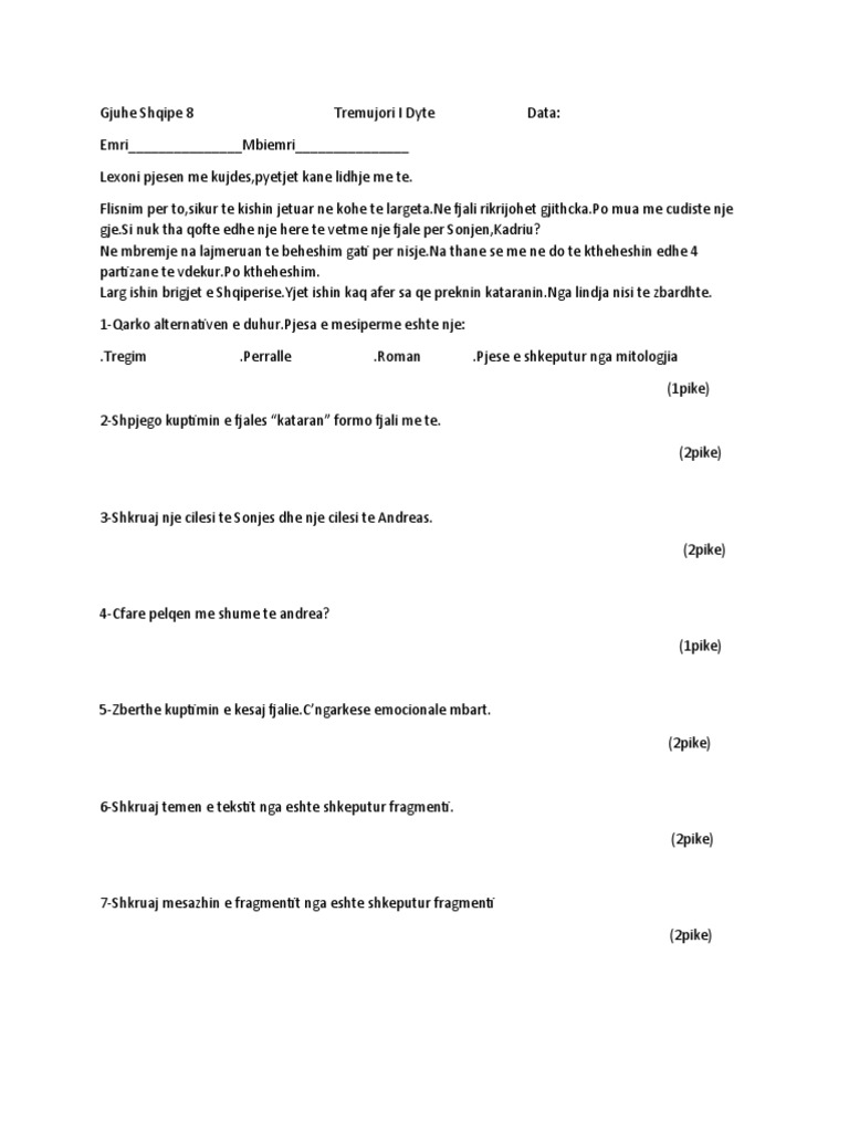 Gjuhe Shqipe 8 Tremujori I Dyte Data | PDF