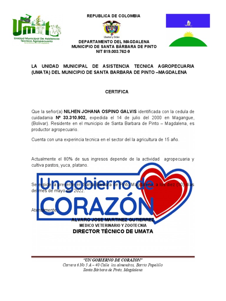 Certificado de Umata para La Gobernacion | PDF | Agricultura