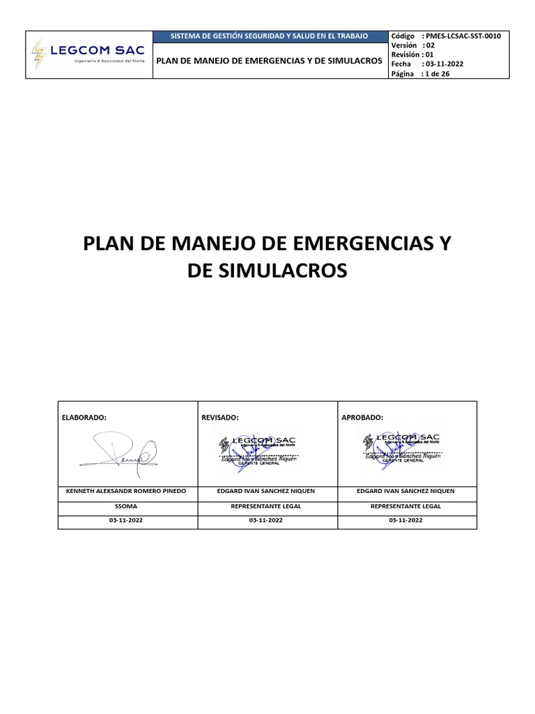 Plan de Manejo de Emergencias y de Simulacros | PDF | Primeros auxilios