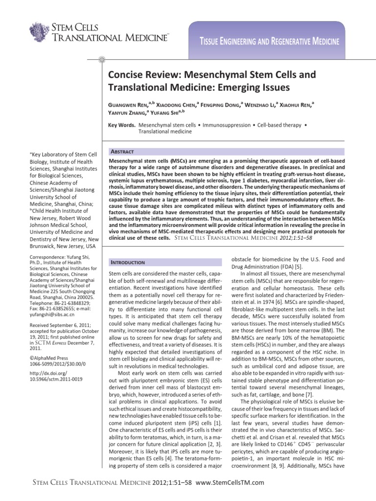 Concise Review Mesenchymal Stem Cells And Translational Medicine