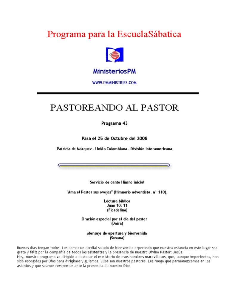 Programa Escuela Sabatica Dia Del Pastor | PDF | Estrés (biología) | Jesús