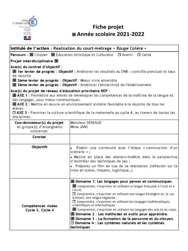Fiche-Projet Rouge Colère Réalisation | PDF