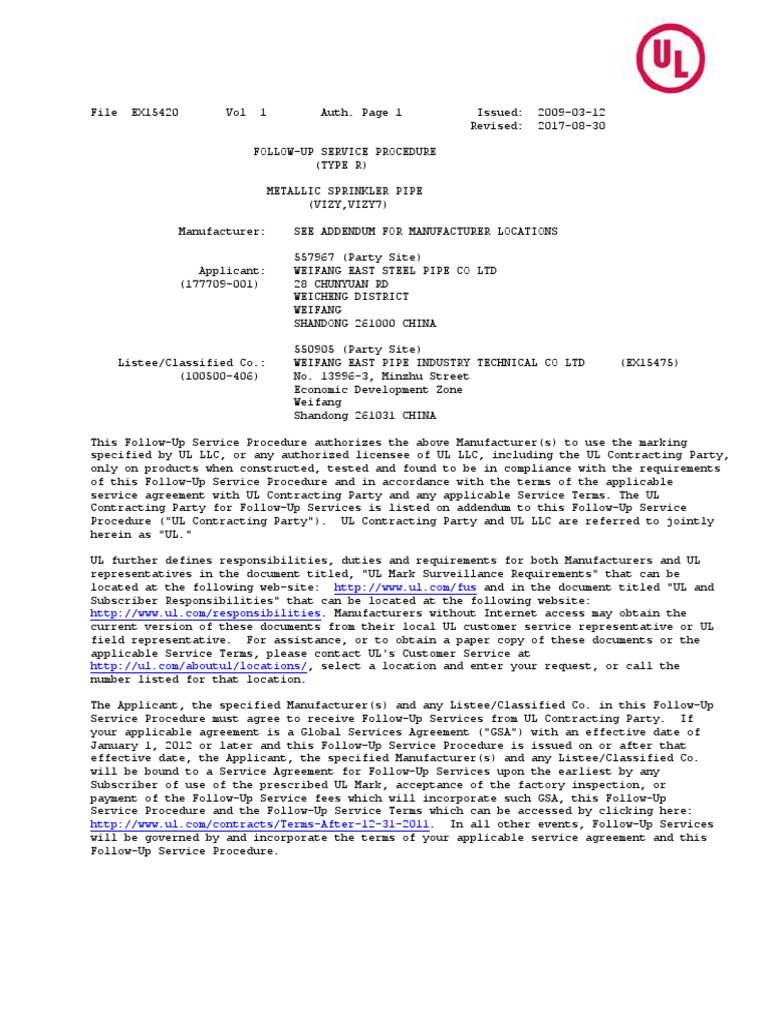 UL Follow-Up Service Procedure for Pipes | PDF | Limited Liability ...