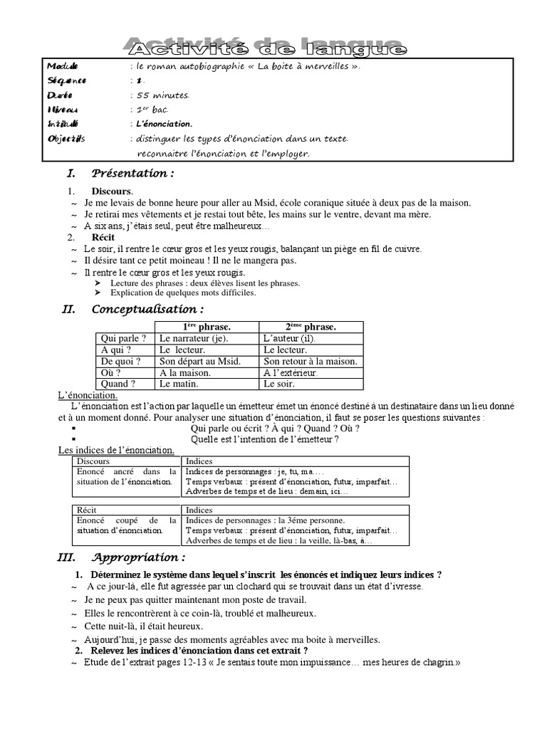 L'énonciation en 1er bac : exercices corrigés | PDF | Phrase