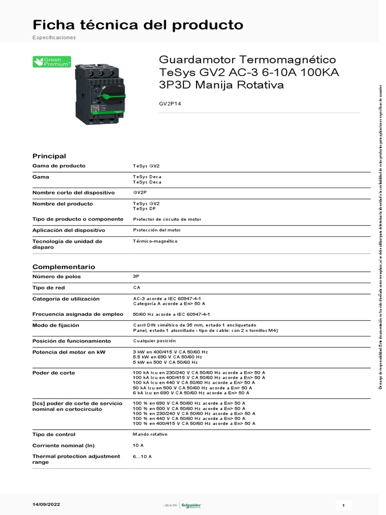 TeSys Deca - Frame 2 - GV2P14 | PDF | Ingenieria Eléctrica | Cantidades ...