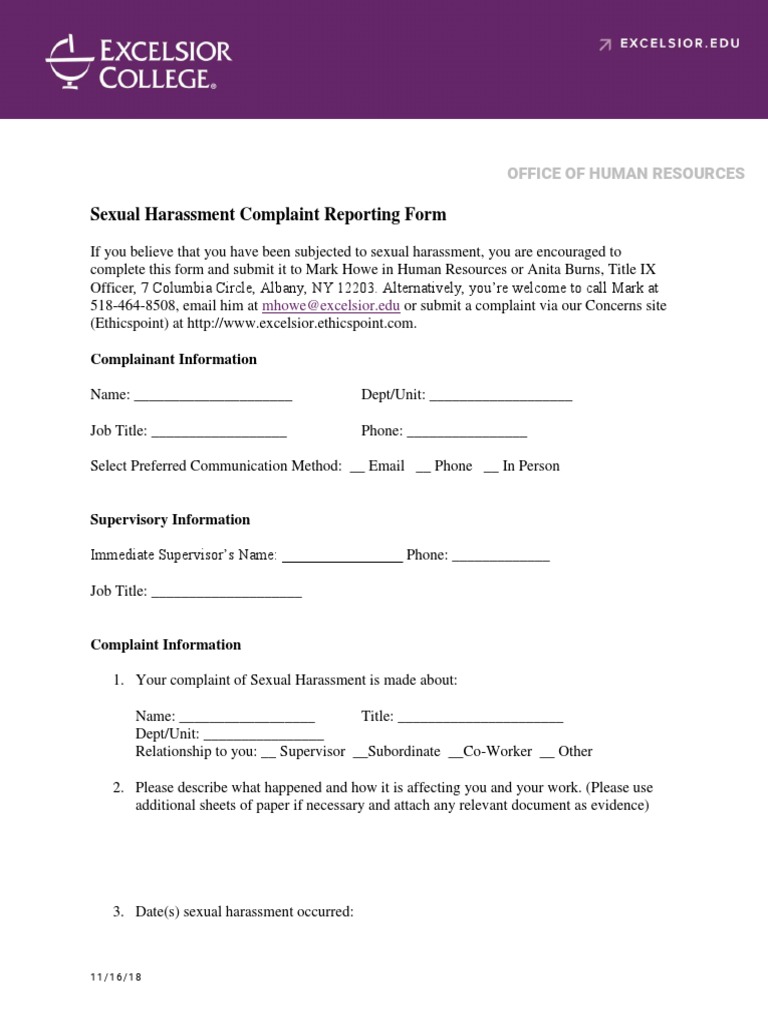 Sex Harassment Complaint Reporting Form 2018 Pdf Sexual Harassment